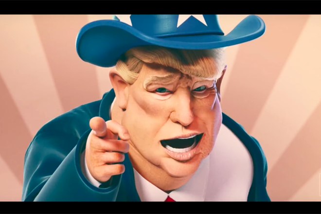 Essa animaçao imagina Donald Trump fazendo o discurso da vitória - Blue Bus